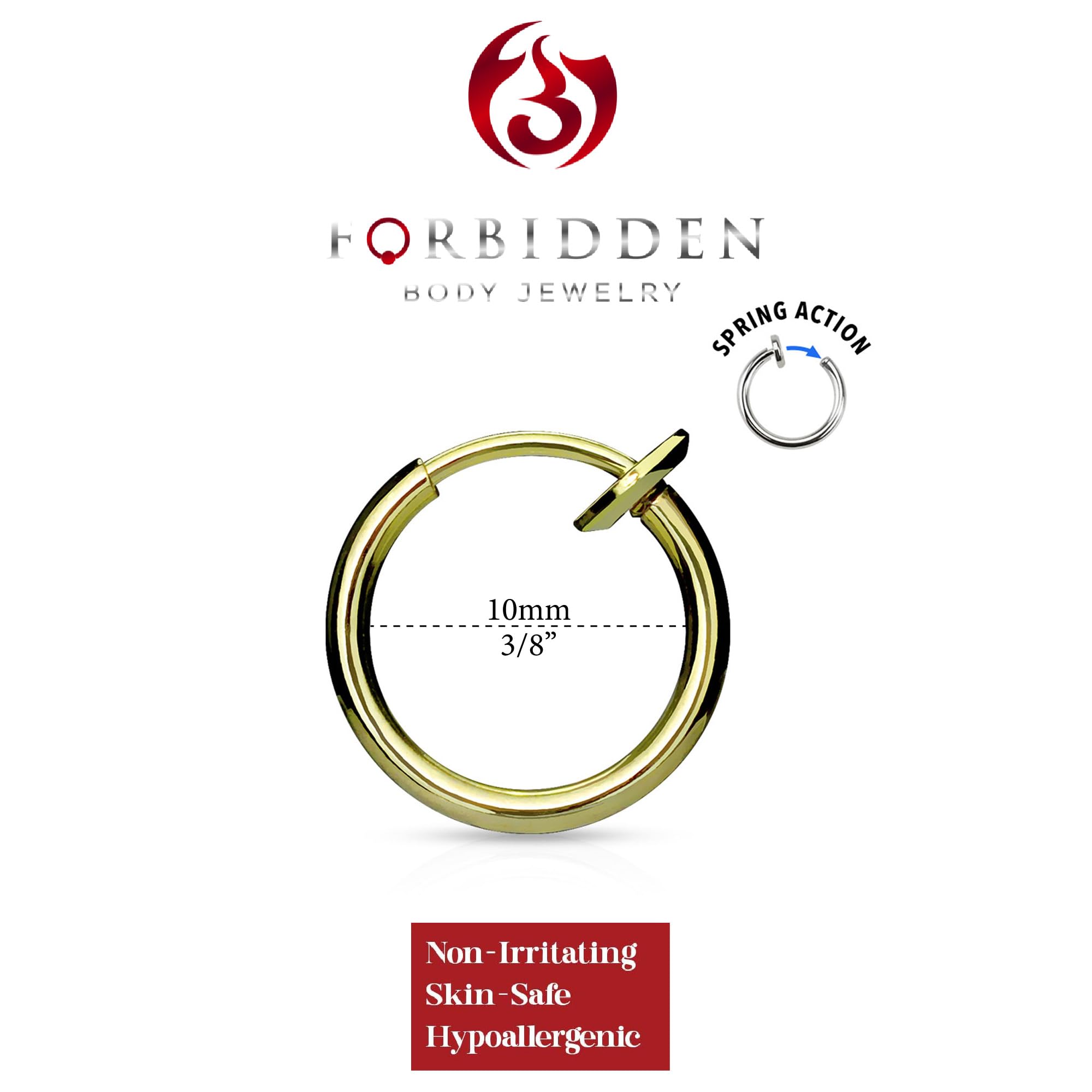 Forbidden Body Jewelry Surgical Steel Gold IP Plated Faux Nose Rings Hoop 10mm 3/8 inch (No Piercing Required)