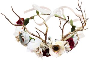 vivivalue deer flower crown boho flower headband hair wreath floral headpiece halo with ribbon wedding party festival photos