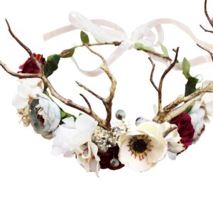 Vivivalue Deer Flower Crown Boho Flower Headband Hair Wreath Floral Headpiece Halo with Ribbon Wedding Party Festival Photos