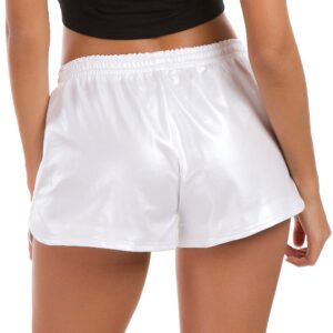 Women's Metallic Shorts Sparkly Hot Outfit Shiny Rave Short Pants with Elastic Drawstring White L