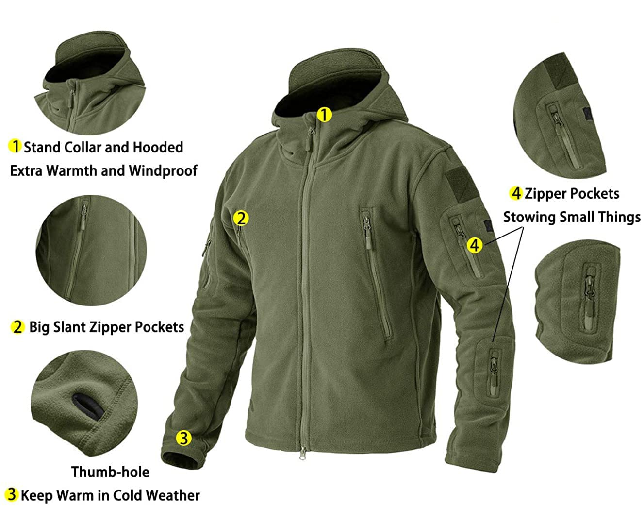 BIYLACLESEN Tactical Fleece Sweater for Men Fleece Track Jacket Thermal Fleece Lined Hooded Full Zip Tactical Jacket Hunting Army L