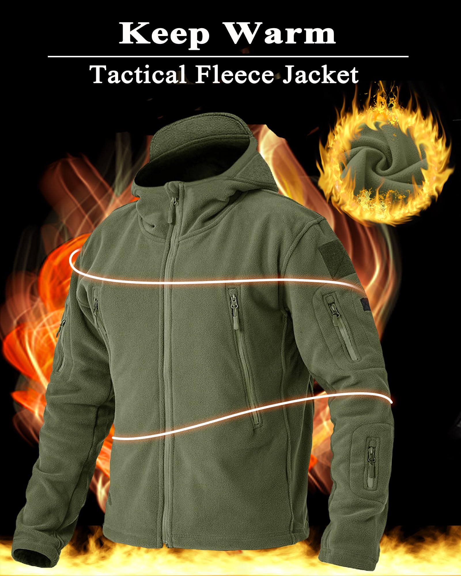 BIYLACLESEN Tactical Fleece Sweater for Men Fleece Track Jacket Thermal Fleece Lined Hooded Full Zip Tactical Jacket Hunting Army L