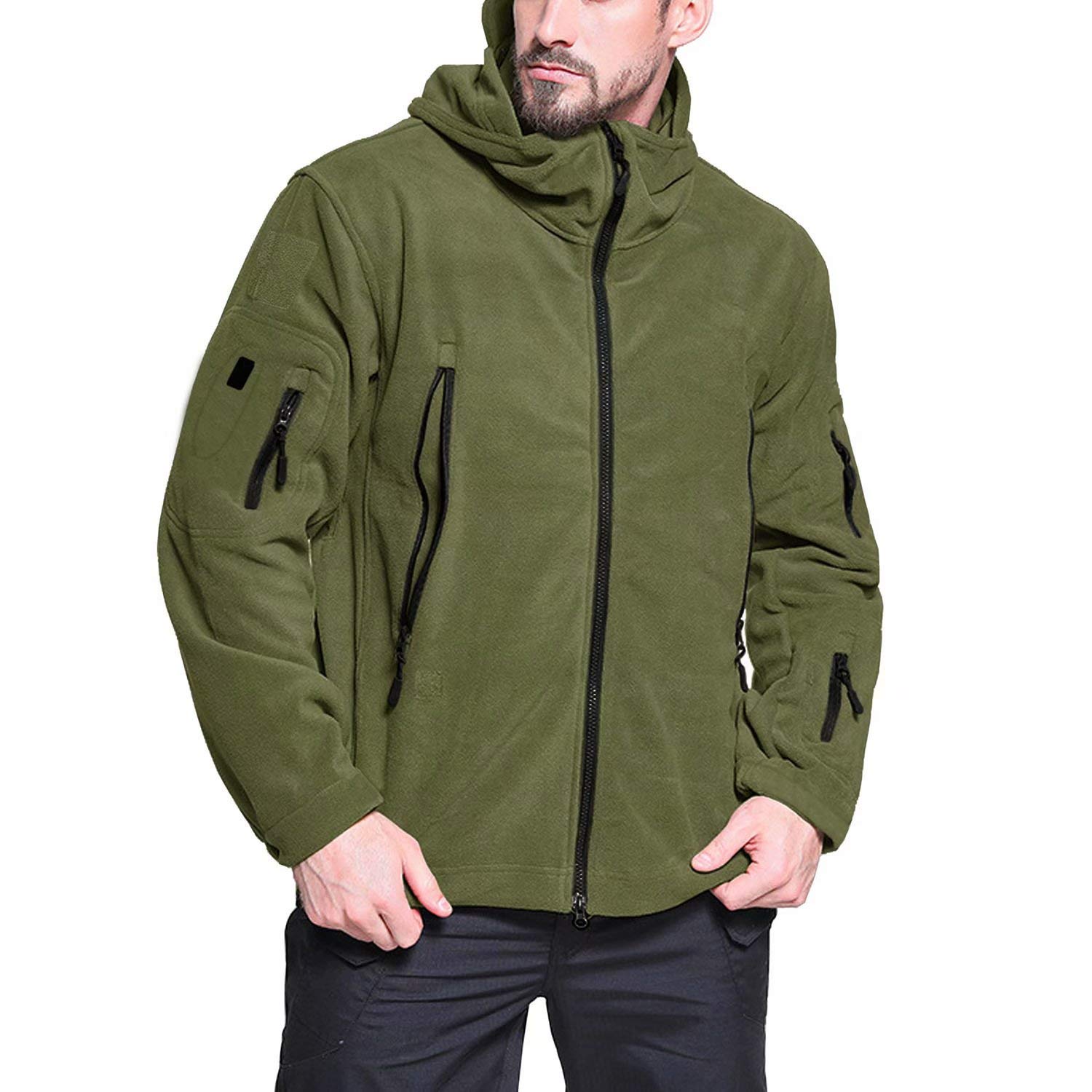 BIYLACLESEN Tactical Fleece Sweater for Men Fleece Track Jacket Thermal Fleece Lined Hooded Full Zip Tactical Jacket Hunting Army L