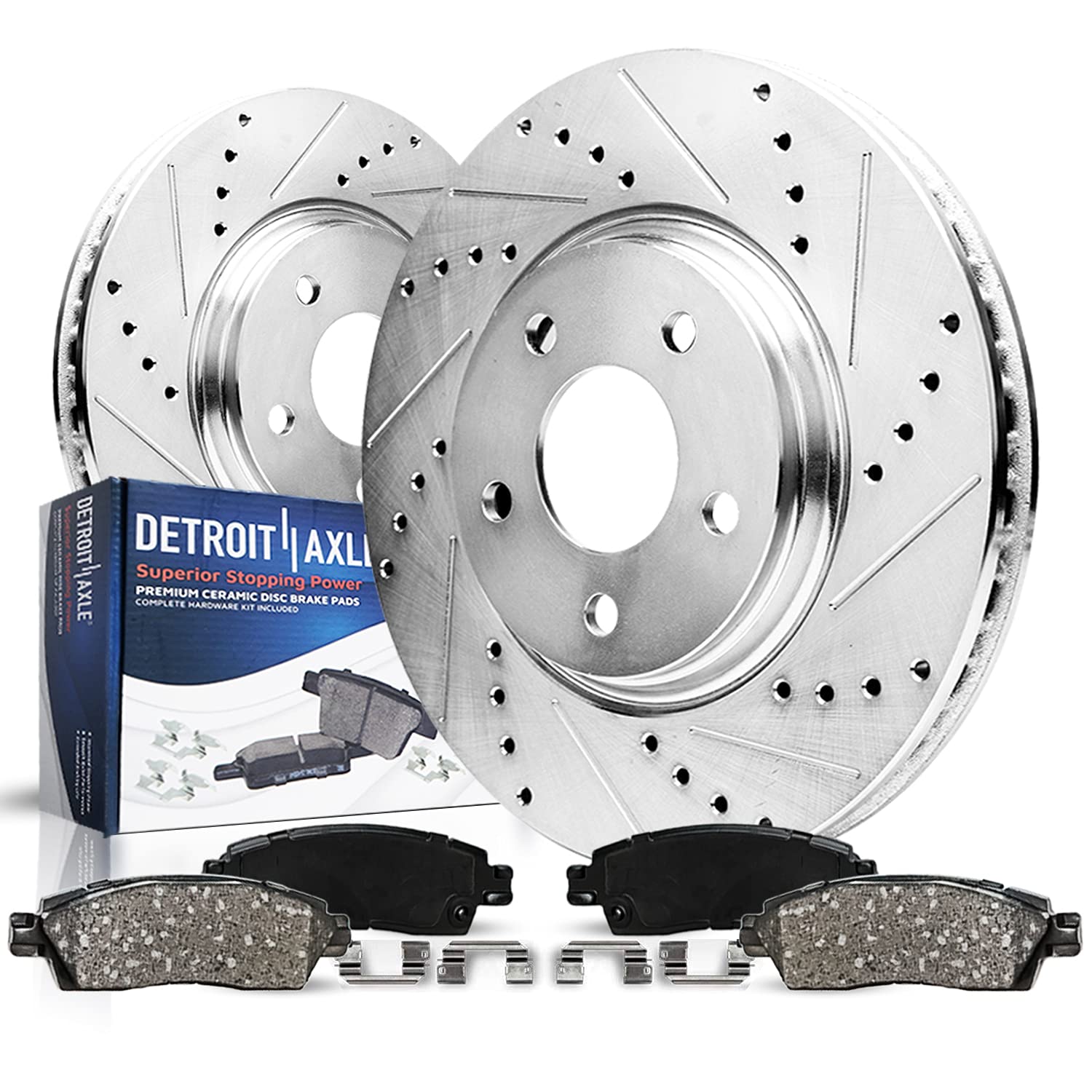 Detroit Axle - Front Brakes Kit for 06-12 Ford Fusion Lincoln MKZ Zephyr Mercury Milan Drilled & Slotted Disc Brake Rotors Replacement 2006 2007 2008 2009 2010 2011 2012 Ceramic Brakes Pads