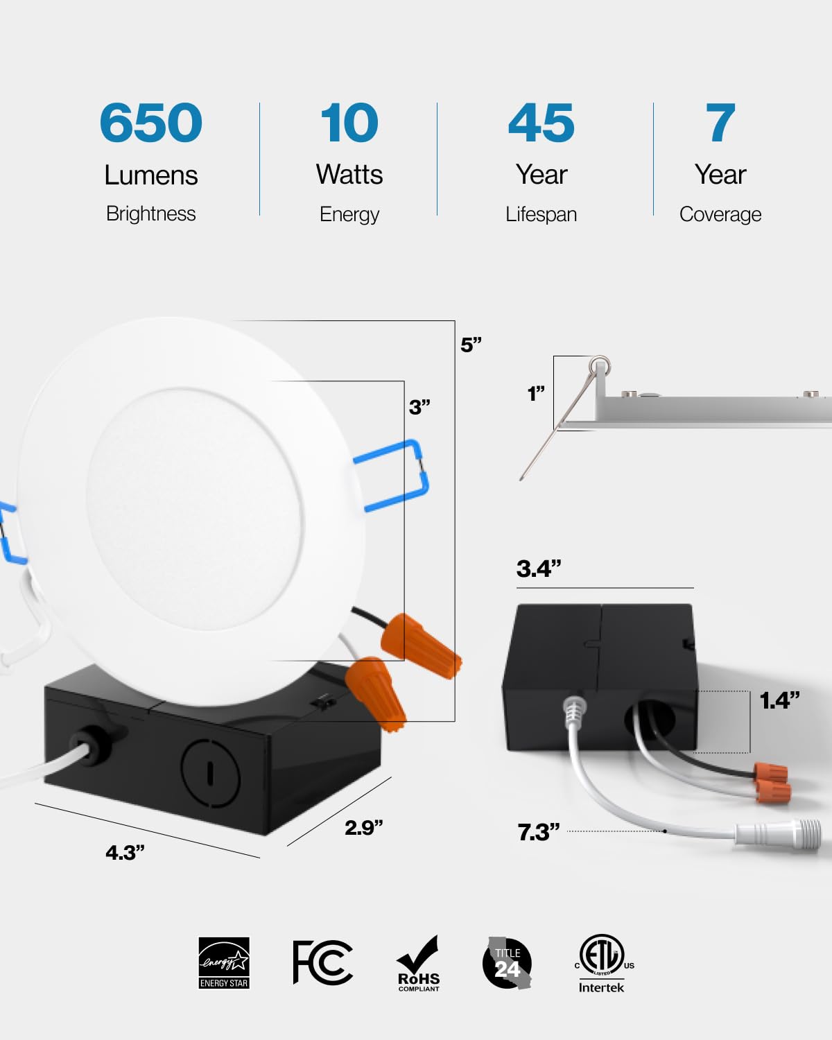 Sunco Lighting 6 Pack 4 Inch Ultra Thin LED Recessed Ceiling Lights Slim 2700K Soft White, Dimmable, 10W=60W, Smooth Trim, Wafer Thin, Canless with Junction Box - Energy Star