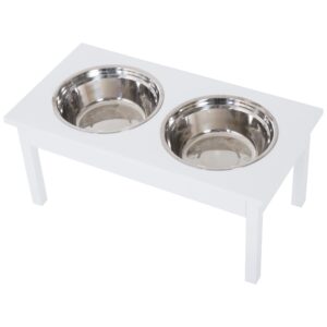 pawhut 23" wooden heavy duty dog food bowls pet elevated feeding station -white