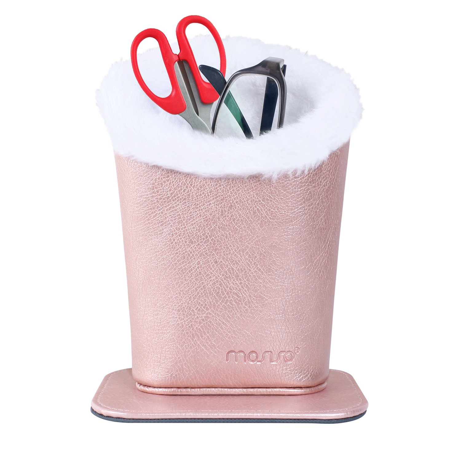 MOSISO Eyeglasses Holder, Plush Lined PU Leather Stand Case with Magnetic Base, Rose Gold