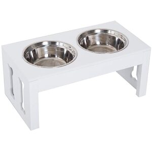 pawhut 23" modern decorative dog bone wooden heavy duty pet food bowl elevated feeding station - white