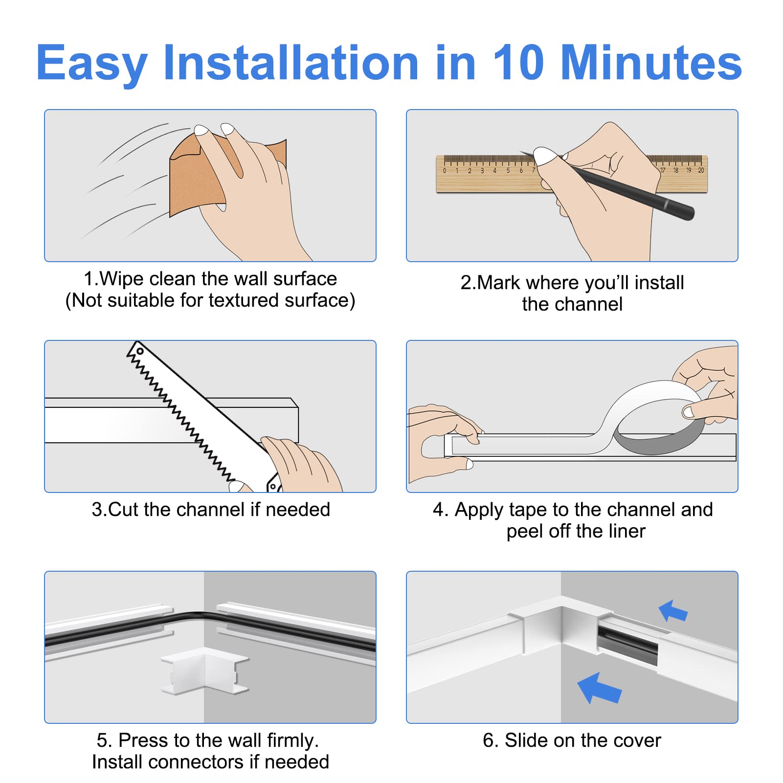 Yecaye 125in Cord Hider - One-Cord Cable Concealer - Cord Cover Wall with 13 Parts - Easy Install Cable Management Kit for 2 Small Wires, Cable Raceway Home Office, 8X L15.7in W0.59in H0.4in, White