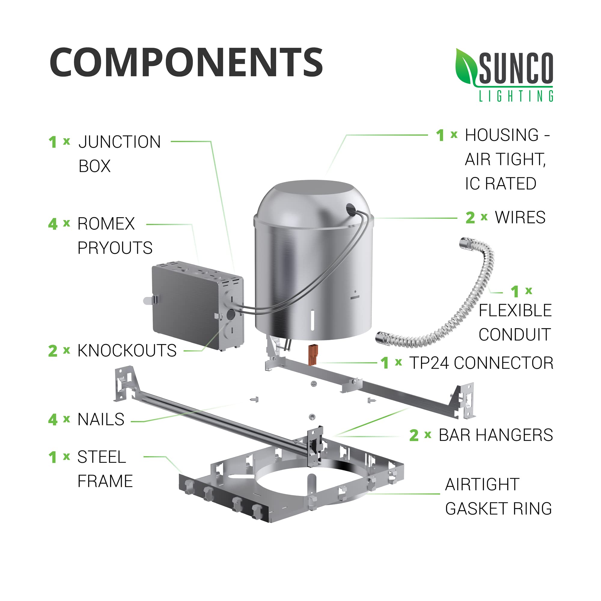 Sunco Lighting - 12 Pack 6 Inch Recessed Lighting Housing Can Light New Construction Air Tight Ceiling Can 120-277V Hard Wired, TP24 Connector, Easy Install, IC Rated, UL Title 24 Compliant