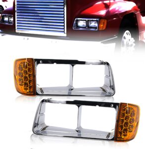 torque headlight bezel pair replacement for 1989-2002 freightliner fld semi trucks with amber led turn signal light assembly dot sae approved driver left passenger right side set 3 wires (tr039)