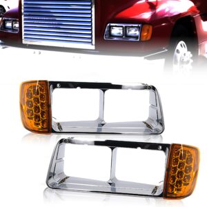 Torque Headlight Bezel PAIR Replacement for 1989-2002 Freightliner FLD semi Trucks with Amber LED Turn Signal Light Assembly DOT SAE Approved Driver Left Passenger Right Side Set 3 Wires (TR039)