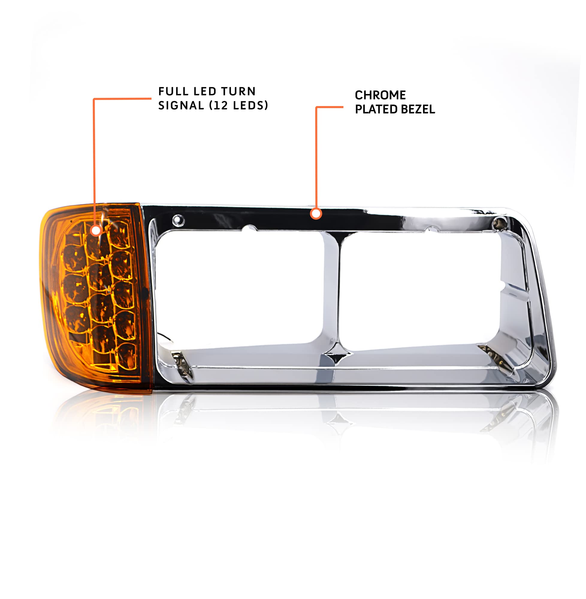 Torque Headlight Bezel PAIR Replacement for 1989-2002 Freightliner FLD semi Trucks with Amber LED Turn Signal Light Assembly DOT SAE Approved Driver Left Passenger Right Side Set 3 Wires (TR039)