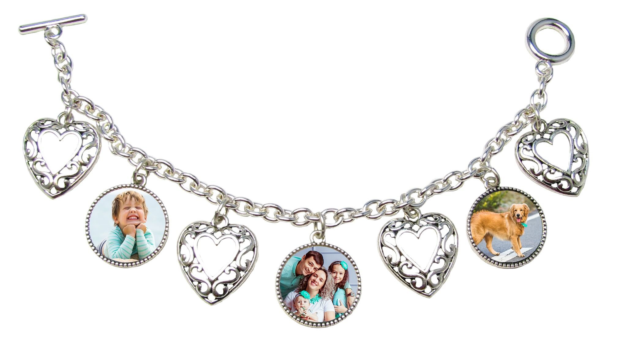 Holly Road Portrait Photo Silver Heart 3 Photo Charm bracelet Personalized Upload Your Photos