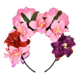 DreamLily Day of The Dead Headband Costume Rose Flower Crown Mexican Headpiece BC40 (Mexican Festival Crown Pink)