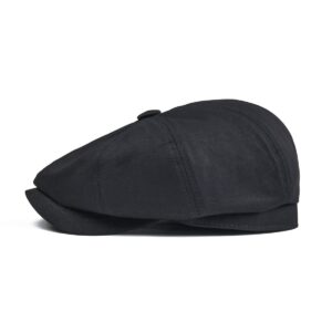 BOTVELA Men's Newsboy Flat Cap 100% Cotton Gatsby Ivy Golf Cabbie Hat (Black, 7 3/8)