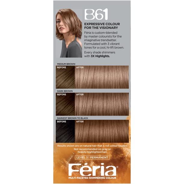 L'Oreal Paris Feria Multi-Faceted Shimmering Permanent Hair Color, B61 Downtown Brown, Hair Dye Kit, Pack of 2