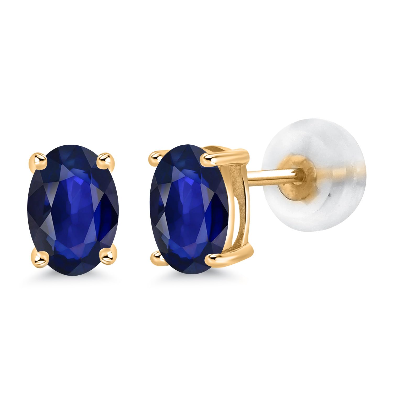 Gem Stone King 14K Yellow Gold Oval Blue Sapphire Stud Earrings | 0.90 Cttw | Gemstone September Birthstone | Oval 6X4MM | Gold Earrings For Women