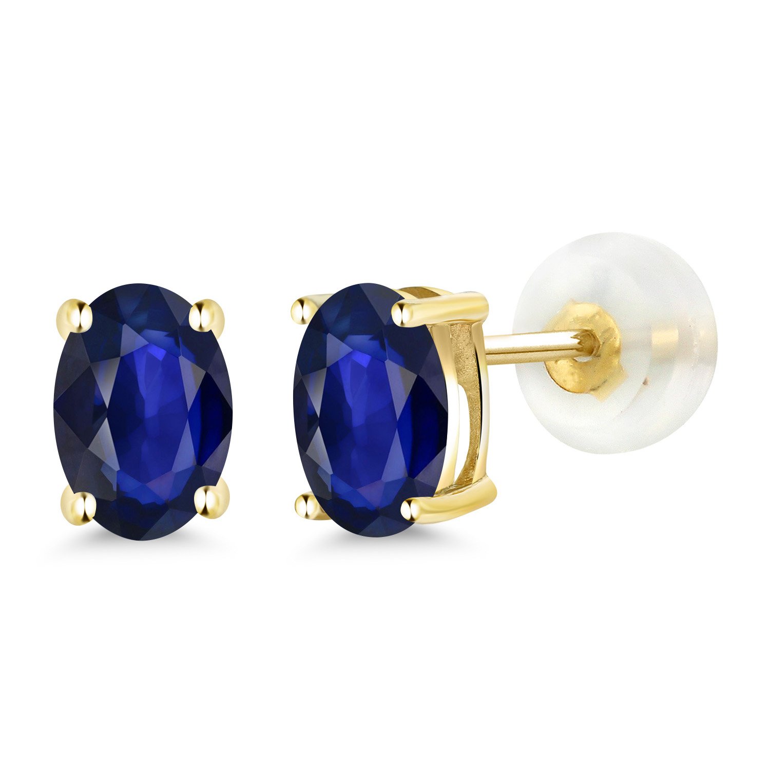 Gem Stone King 14K Yellow Gold Oval Blue Sapphire Stud Earrings | 0.90 Cttw | Gemstone September Birthstone | Oval 6X4MM | Gold Earrings For Women