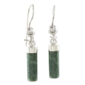 novica artisan jade dangle earrings green cylindrical from guatemala sterling silver [1.4 in l x 0.2 in w x 0.2 in d] ' green mayan pillars'