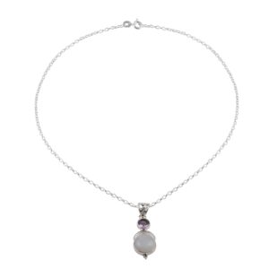 NOVICA Artisan Handmade Rainbow Moonstone Amethyst Pendant Necklace Sterling Silver Clear Purple India Gemstone Birthstone [17.75 in L 2 mm W Pendant(s) 1.5 in L x 0.5 in W x 0.3 in D] ' Alluring