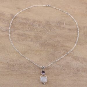 NOVICA Artisan Handmade Rainbow Moonstone Amethyst Pendant Necklace Sterling Silver Clear Purple India Gemstone Birthstone [17.75 in L 2 mm W Pendant(s) 1.5 in L x 0.5 in W x 0.3 in D] ' Alluring