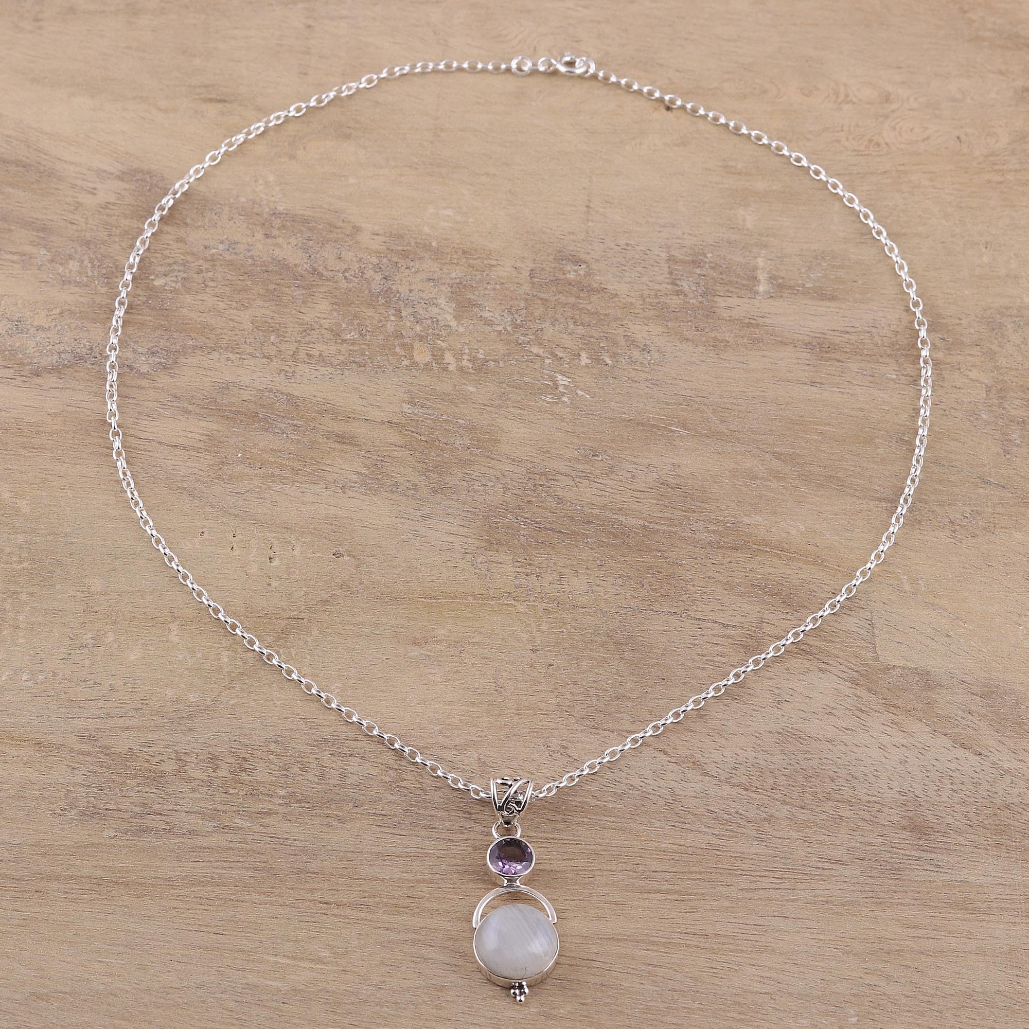 NOVICA Artisan Handmade Rainbow Moonstone Amethyst Pendant Necklace Sterling Silver Clear Purple India Gemstone Birthstone [17.75 in L 2 mm W Pendant(s) 1.5 in L x 0.5 in W x 0.3 in D] ' Alluring