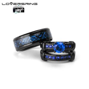 Couple Ring Bridal Set His Hers Women Black Gold Plated Blue CZ Men Celtic Dragon stainless steel Wedding Band Jewelry