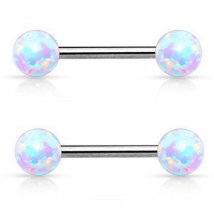 covet jewelry 14 gauge internally threaded opal balls on both sides 316l surgical steel nipple bar (opal white)