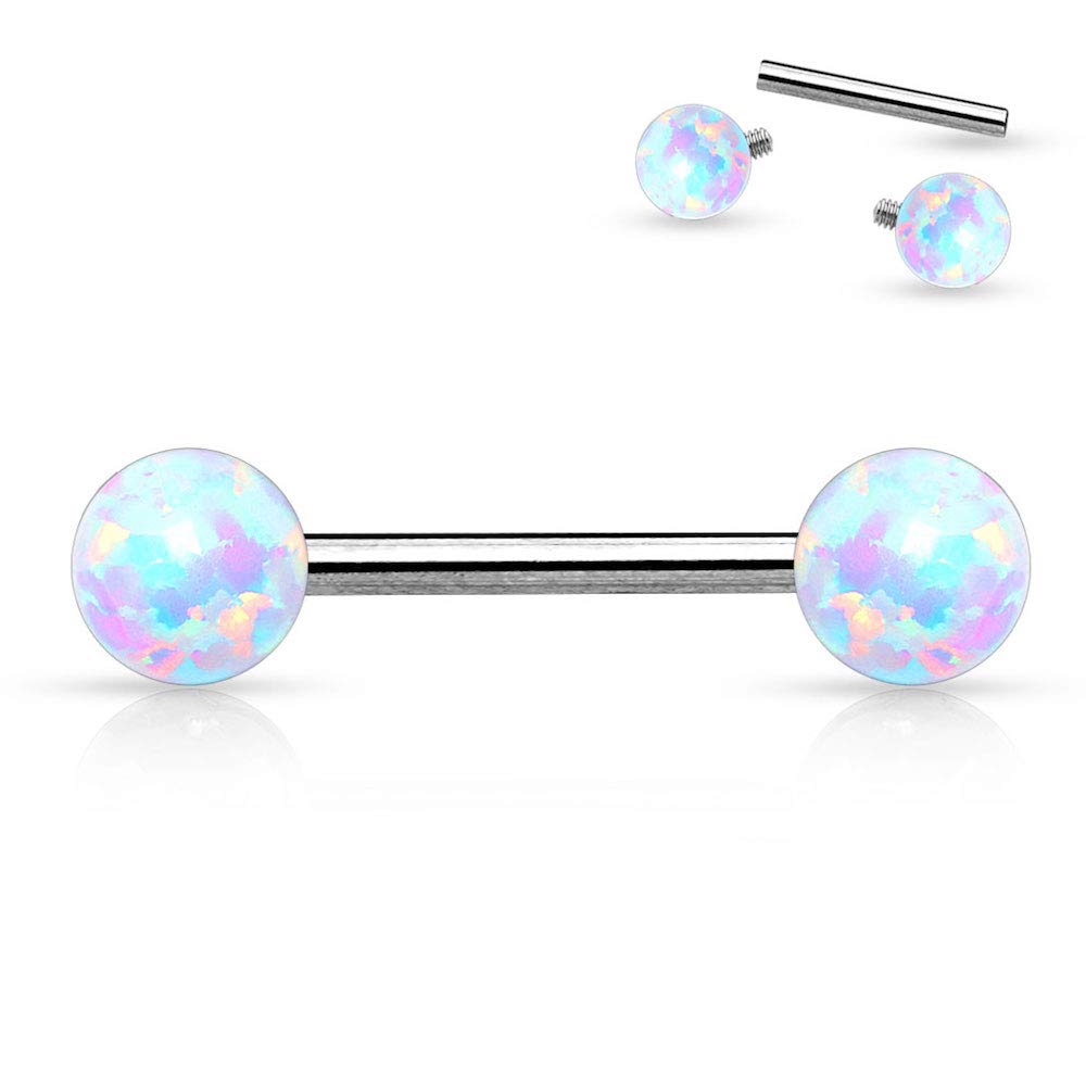 Covet Jewelry 14 Gauge Internally Threaded Opal Balls on Both Sides 316L Surgical Steel Nipple Bar (Opal White)