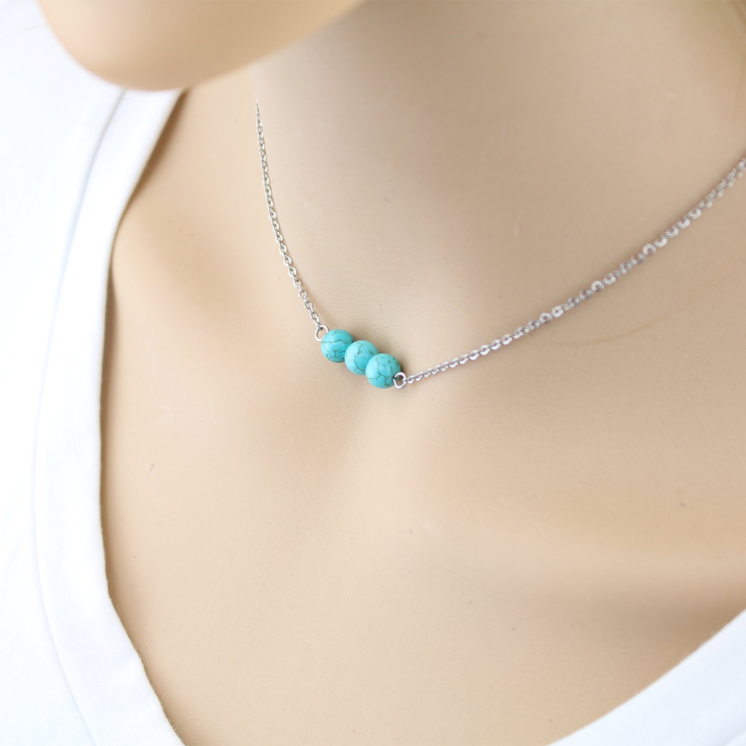 Wunionup Turquoise Bead Choker Jewelry Necklace - Handmade Minimalist Natural Dainty Tiny Simple Cute Genuine Small Round Healing Turquoise Dainty Bar Stone Gemstone Necklace Silver 16 inch for Women