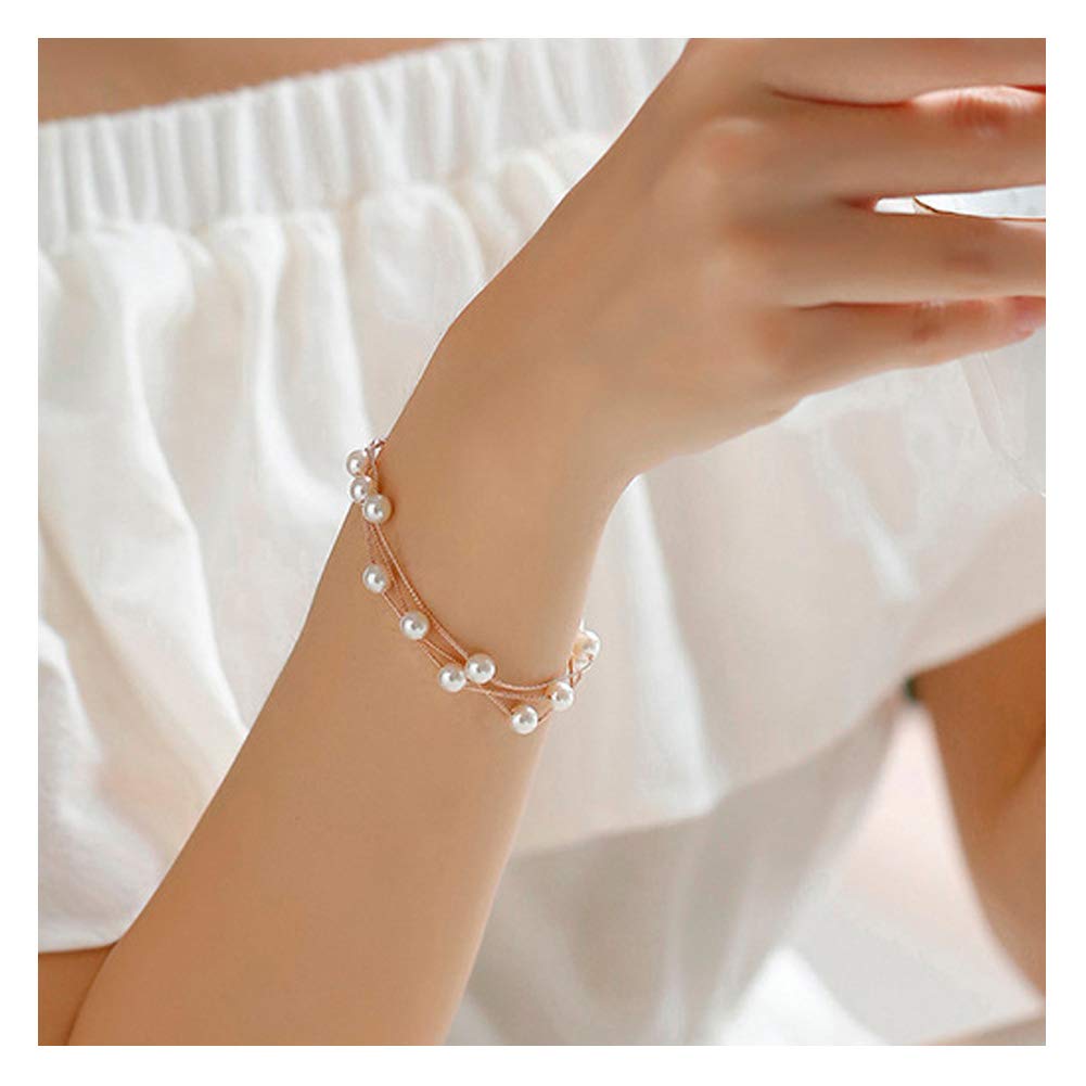 Wedding Charm Rose Gold Stackable Imitation Pearl Strand Anklet Link Chain Bracelet Bangle for Bridal