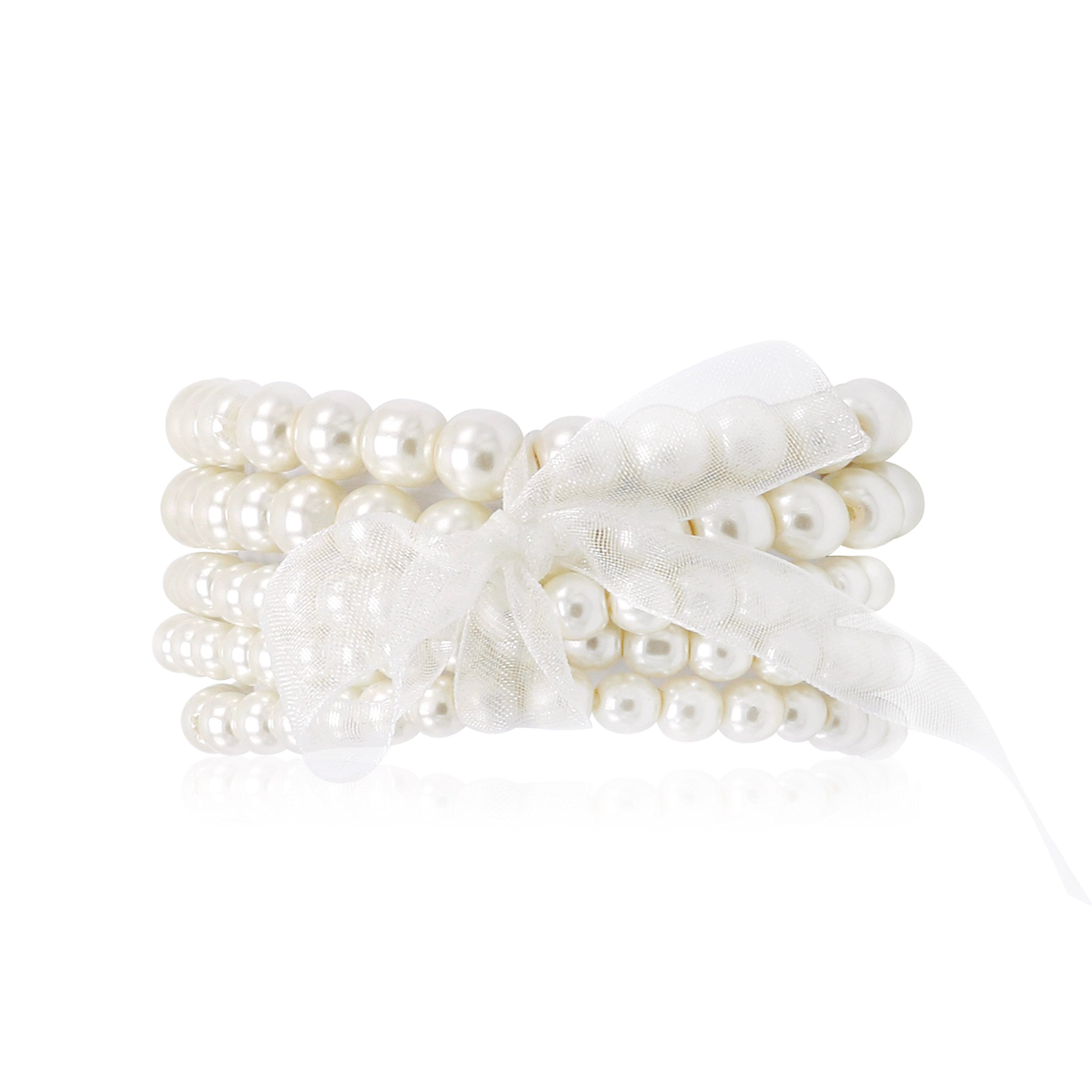 Cryshimmer 5 Pcs Faux Pearl Bracelet Set for Women Beaded Stretch Strand Bracelets for Bridal Party (White)