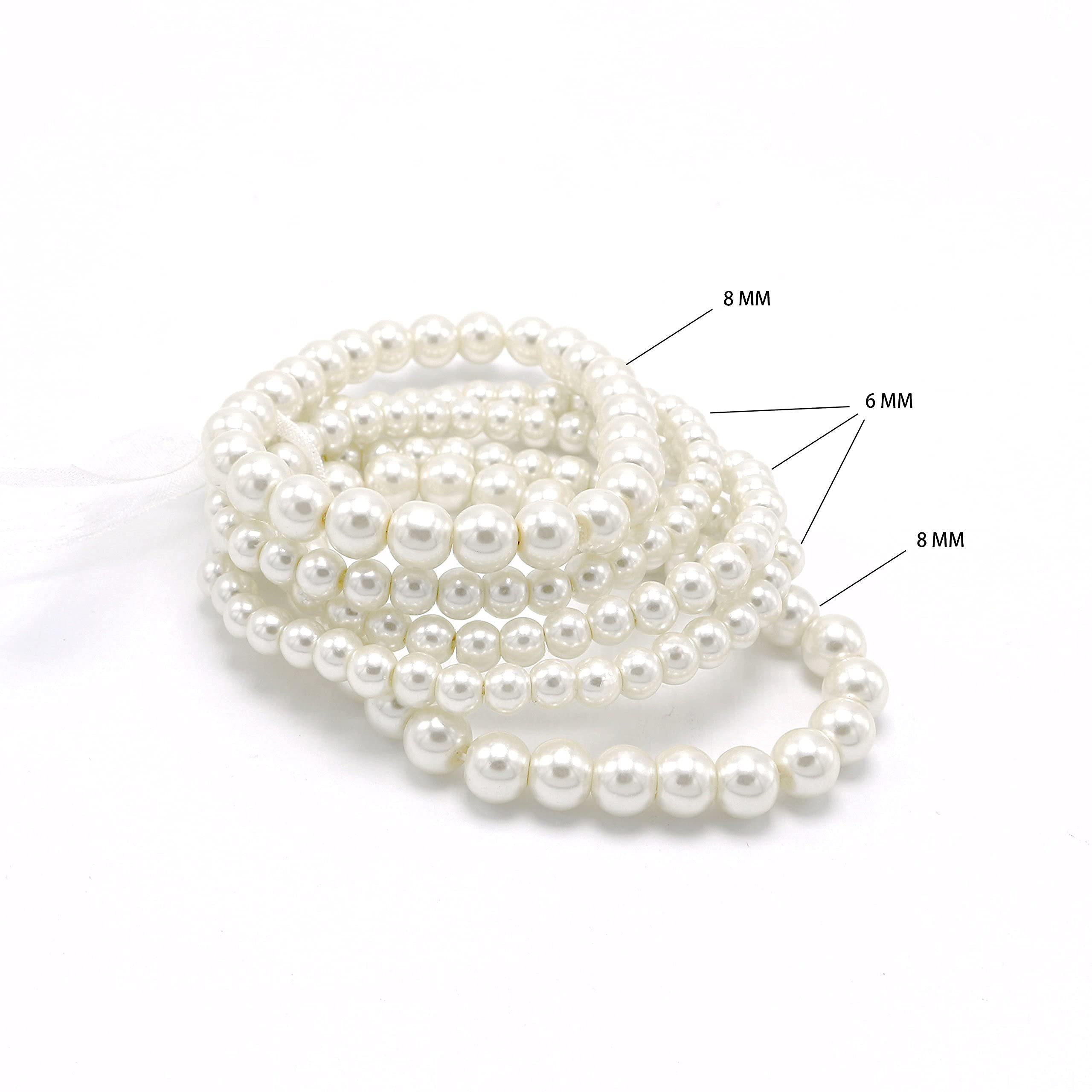 Cryshimmer 5 Pcs Faux Pearl Bracelet Set for Women Beaded Stretch Strand Bracelets for Bridal Party (White)