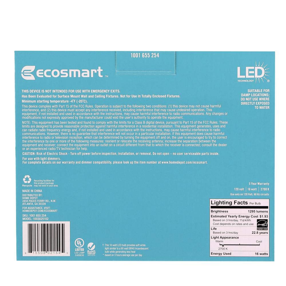 EcoSmart 90-Watt Equivalent BR40 Dimmable LED Light Bulb, Soft White (2-Pack