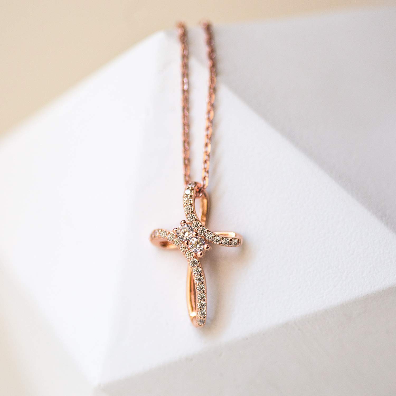 A+O Crystal Cross Necklace for Women in Rose Gold