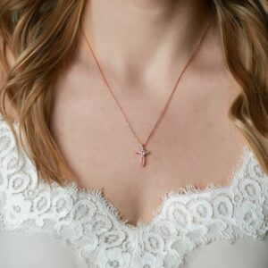 A+O Crystal Cross Necklace for Women in Rose Gold