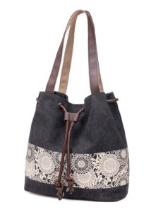 women printing canvas shoulder bag casual hand bags purse retro tote bags (black) medium