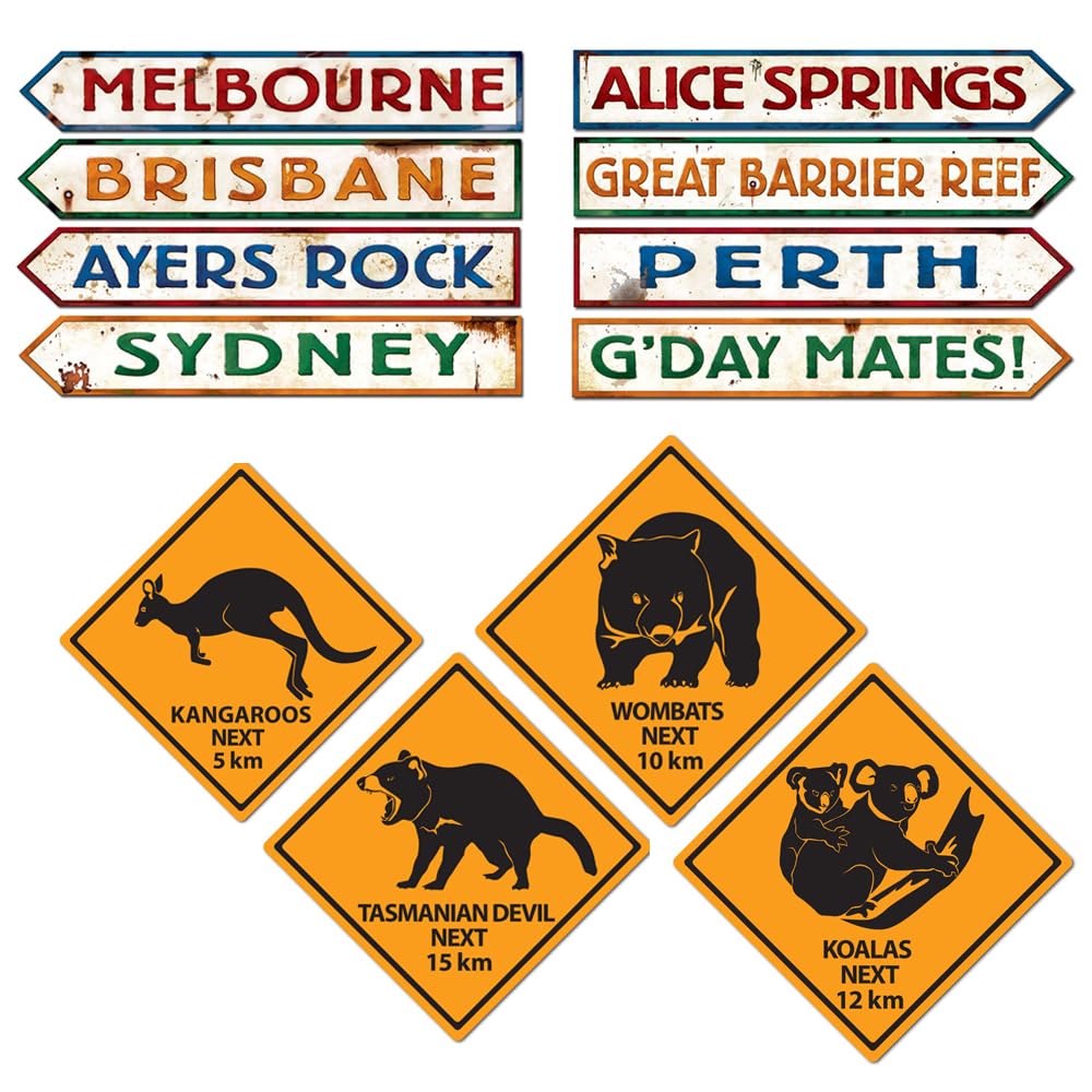 Australia Wall Decorations 4 Outback Street Signs 4 Australian Road Signs - Accents for a Unique Aussie Vibe Featuring Boomerang Kangeroo Koalas Sydney Melbourne