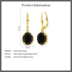 Gem Stone King 18K Yellow Gold Plated Silver Black Onyx Leverback Dangle Earrings For Women (4.00 Cttw, Gemstone December Birthstone, Oval 9X7MM)