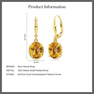 Gem Stone King 18K Yellow Gold Plated Silver Yellow Citrine Leverback Dangle Earrings For Women (3.30 Cttw, Gemstone November Birthstone, Oval Checkerboard 9X7MM)