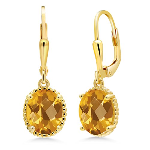 Gem Stone King 18K Yellow Gold Plated Silver Yellow Citrine Leverback Dangle Earrings For Women (3.30 Cttw, Gemstone November Birthstone, Oval Checkerboard 9X7MM)