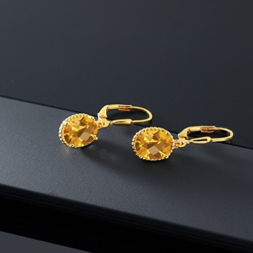 Gem Stone King 18K Yellow Gold Plated Silver Yellow Citrine Leverback Dangle Earrings For Women (3.30 Cttw, Gemstone November Birthstone, Oval Checkerboard 9X7MM)