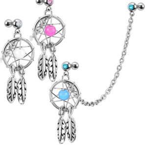 covet jewelry dream catcher with gemmed double cartilage/tragus barbell chain linked dangle 316l surgical steel (clear)