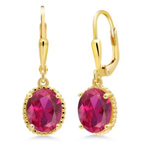 gem stone king 18k yellow gold plated silver red created ruby leverback dangle earrings for women (4.00 cttw, gemstone july birthstone, oval 9x7mm)