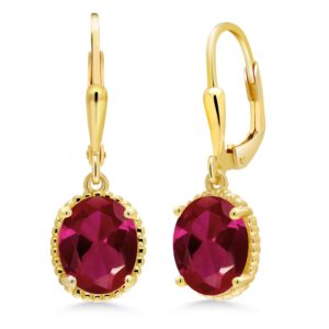 Gem Stone King 18K Yellow Gold Plated Silver Red Created Ruby Leverback Dangle Earrings For Women (4.00 Cttw, Gemstone July Birthstone, Oval 9X7MM)