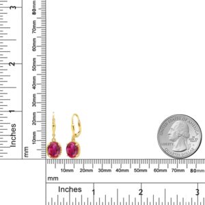 Gem Stone King 18K Yellow Gold Plated Silver Red Created Ruby Leverback Dangle Earrings For Women (4.00 Cttw, Gemstone July Birthstone, Oval 9X7MM)