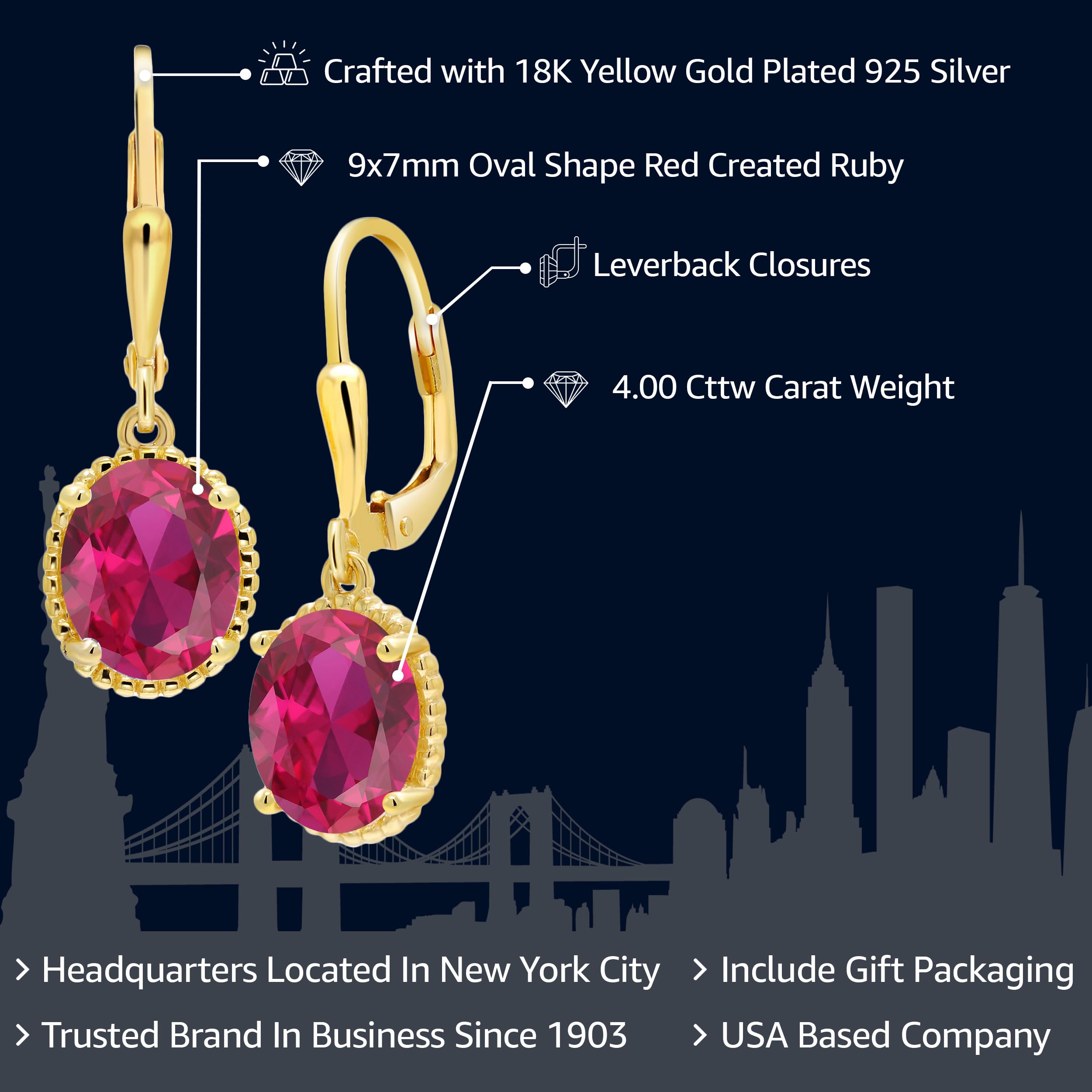 Gem Stone King 18K Yellow Gold Plated Silver Red Created Ruby Leverback Dangle Earrings For Women (4.00 Cttw, Gemstone July Birthstone, Oval 9X7MM)