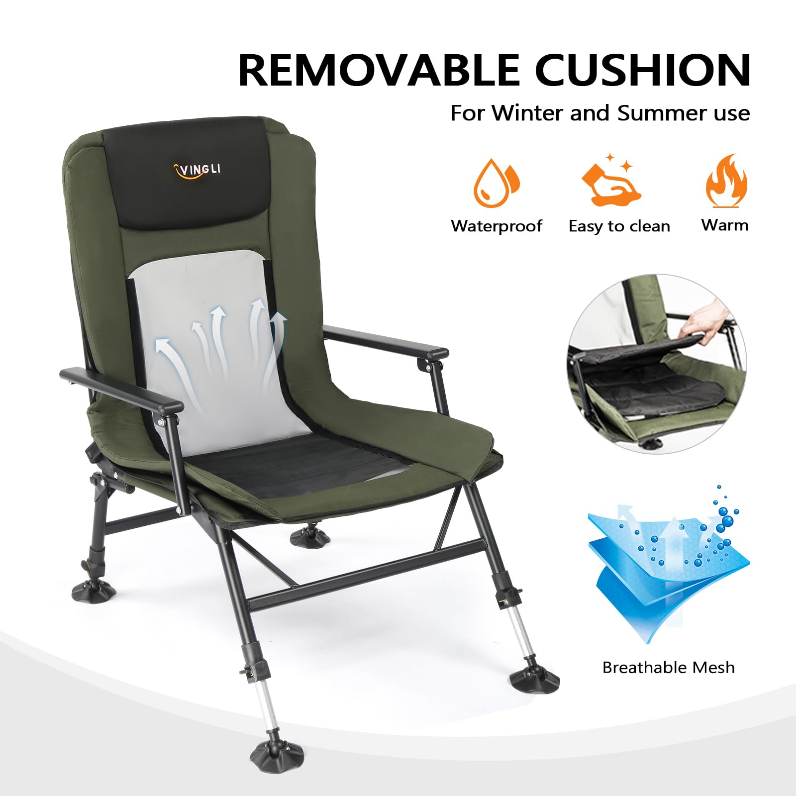 VINGLI Oversized Fishing Chair Heavy Duty Support 440 LBS, 160° Freely Adjustable Reclining Folding Chairs, Lounge Travel Outdoor Seat with High Back for Fishing Camping or Leisure