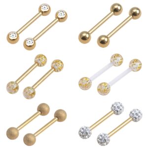 crazypiercing 12pcs stainless steel tongue ring barbell retainer body piercing jewelry 14g (gold pack)